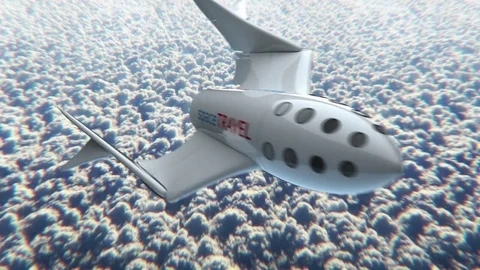 Fictional spaceplane flies in clouds. Co... | Stock Video | Pond5