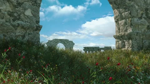 Field of Flowers and Ancient Ruins Lands... | Stock Video | Pond5