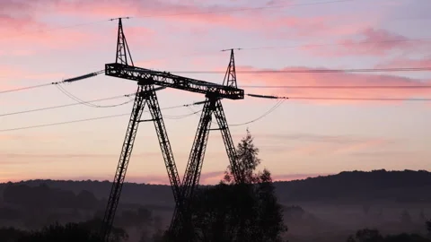 Field towers, Pylon engineering, Electri... | Stock Video | Pond5