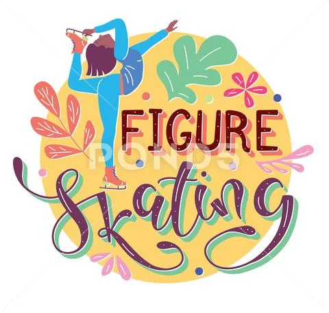 Figure skating lettering and flat cartoon girl training on the ice ...