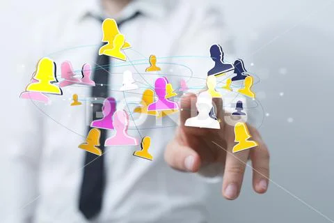 Finger touching a 3d rendering of floating connected profile icons ...