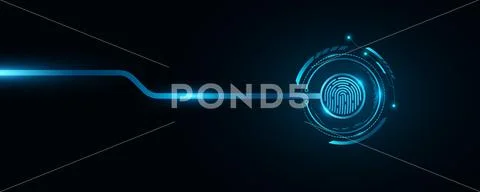 Fingerprint scan with digital HUD circle. Glowing computer circuit ...