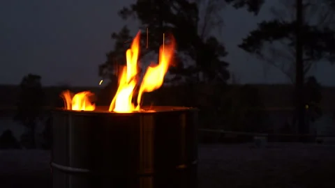 Fire barrel burning in a dark forest in ... | Stock Video | Pond5