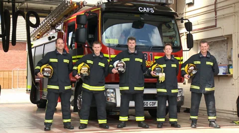 Fire Crew Proudly Pose in front of Fire ... | Stock Video | Pond5