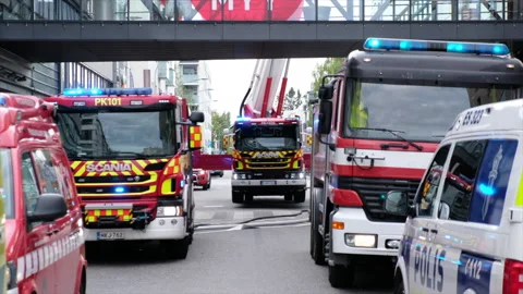 The fire engines and police car near the... | Stock Video | Pond5