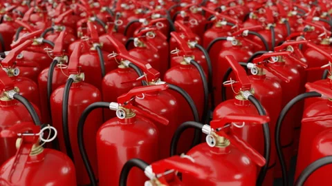 Fire extinguishers. A lot of red extingu... | Stock Video | Pond5