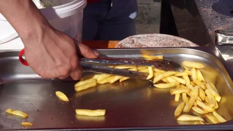 Fire grill fast food served with fried p... | Stock Video | Pond5