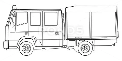 Fire Rescue Truck on white background. Cartoon outline vector doodle ...