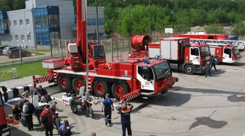 Fire trucks, fire engine with crane and ... | Stock Video | Pond5