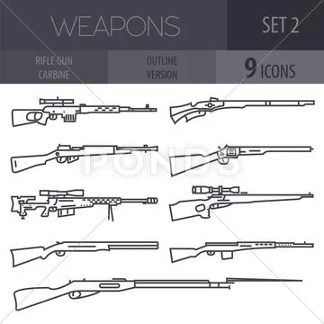 Firearm set. Gun, rifle, carbine. Flat design. Outline linear version ...