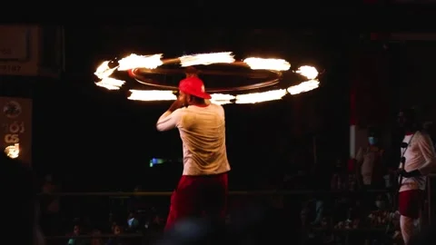 Fireball dancer spinning rings of fireba... | Stock Video | Pond5