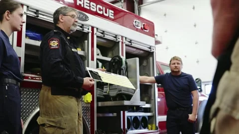 Firefighter captain leading meeting in f... | Stock Video | Pond5