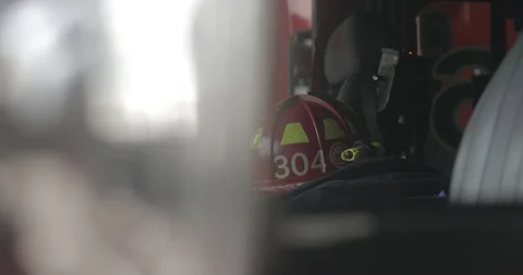 Firefighter helmet inside fire truck | Stock Video | Pond5
