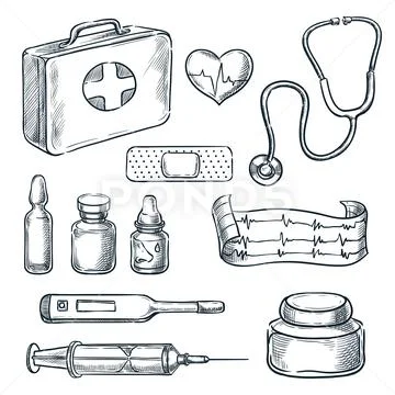 First aid kit vector sketch illustration. Medicine and healthcare hand ...