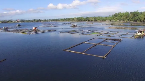 Fish cages and shanty house built at the... | Stock Video | Pond5