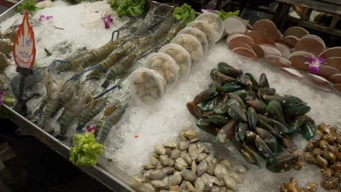 fish seafood on ice scallop mussel river... | Stock Video | Pond5