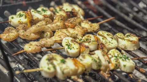 Fish skewer on the grill 10 | Stock Video | Pond5