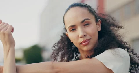 Fitness woman, face and stretching arms ... | Stock Video | Pond5