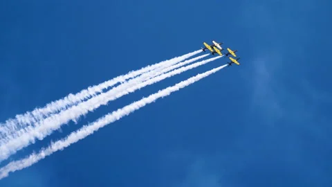 Five airplanes flying on background of b... | Stock Video | Pond5