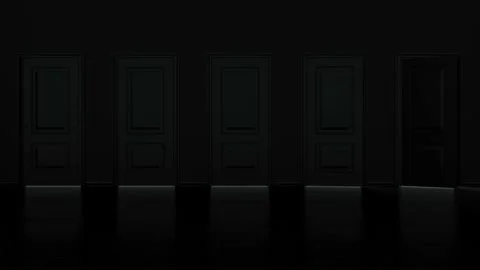 Five doors. Doors opening into a dark ro... | Stock Video | Pond5