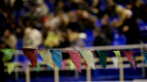 Flag barrier with crowd on background | Stock Video | Pond5