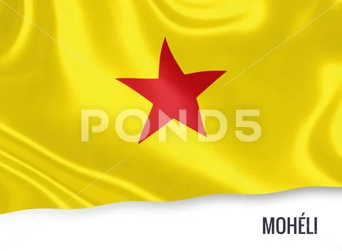 Flag of Comorian state Moheli waving on an isolated white background ...