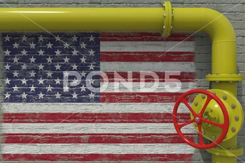 Flag of the USA and industrial pipe with valve. 3d rendering: Graphic ...