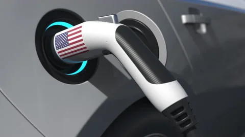 Flag of the USA on the charging plug in ... | Stock Video | Pond5
