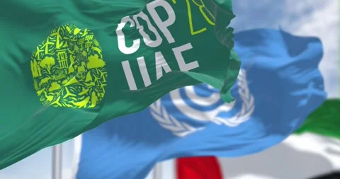 Flags of COP28, UNFCCC and UAE waving on... | Stock Video | Pond5