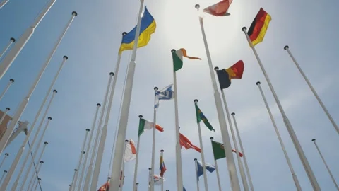 Flags of different countries at the back... | Stock Video | Pond5