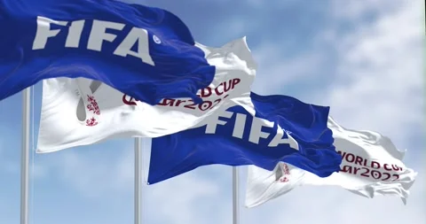 Flags with FIFA and Qatar 2022 World Cup... | Stock Video | Pond5