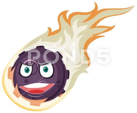 Flame meteor cartoon character with angry face expression on white ...