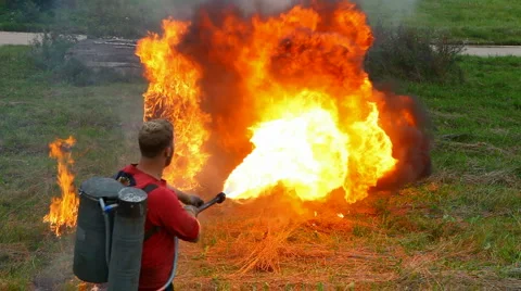 flamethrower igniting mannequin | Stock Video | Pond5