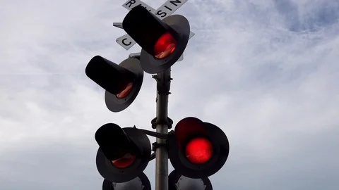 flashing red train rail road crossing li... | Stock Video | Pond5