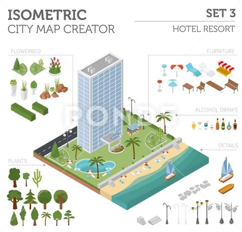 Flat 3d isometric resort hotel and city map constructor elements such as b.. Illustration #71531968