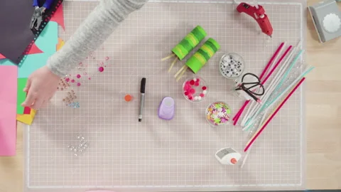 Flat lay. Kids papercraft. Making paper ... | Stock Video | Pond5