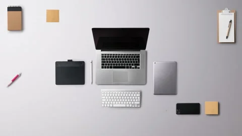 Flat lay top view office desk working sp... | Stock Video | Pond5