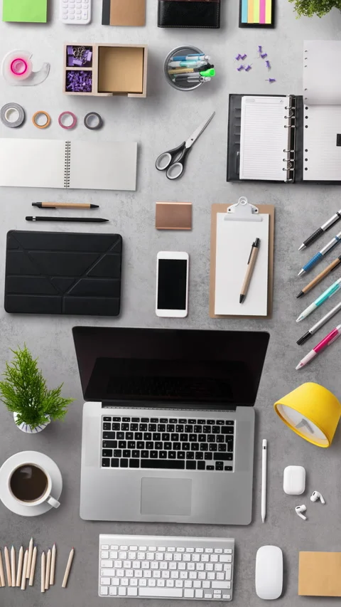 Flat lay top view office desk working sp... | Stock Video | Pond5