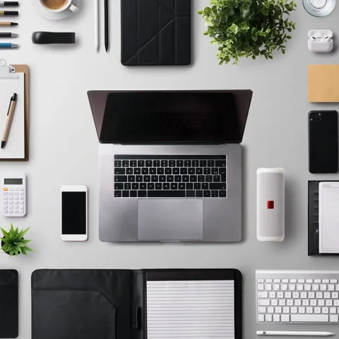 Flat lay top view office desk working sp... | Stock Video | Pond5