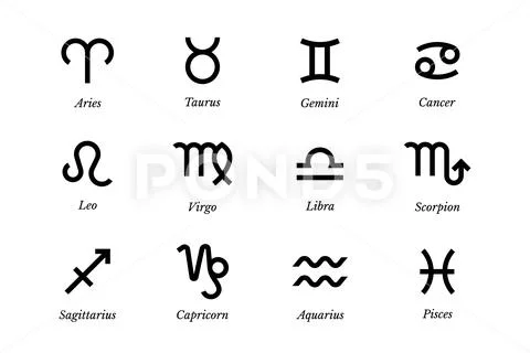 Flat schematic zodiac signs set with lettering: Royalty Free #119630938