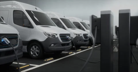Fleet of generic electric EV delivery va... | Stock Video | Pond5