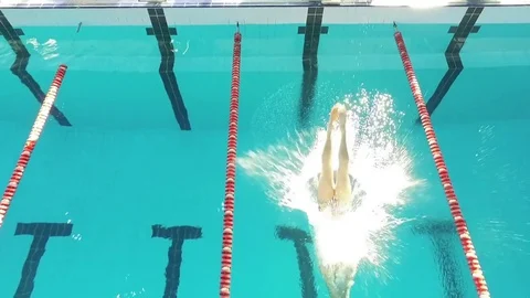 Flight over swimmer jumps off starting b... | Stock Video | Pond5