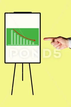 Flipchart with a drawn chart showing steadily decreasing values ...