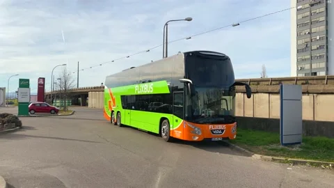 FlixBus logo on green coach. Bus travel | Stock Video | Pond5