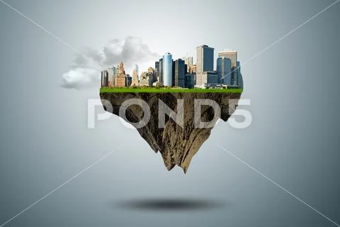 Floating city in urban planning concept - 3D rendering Illustration ...