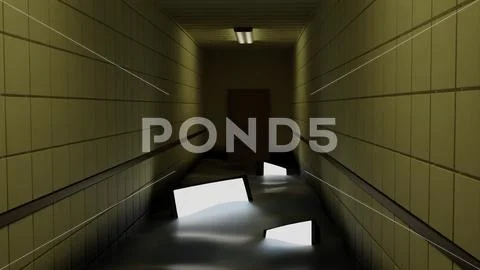 Flooded corridor. Design. Light animation with a flood and fallen lamps ...