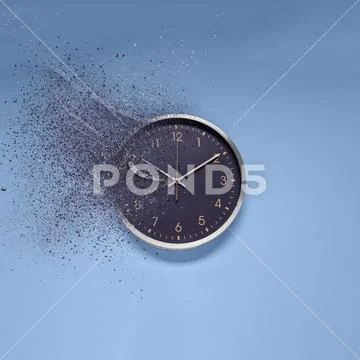 Flow of time. Analog clock dissolving on light blue background Stock ...