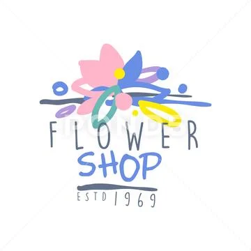 Flower shop estd 1969 logo template colorful hand drawn vector ...