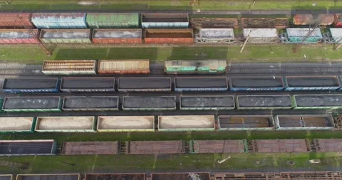 Fly over a large railway junction. Freig... | Stock Video | Pond5