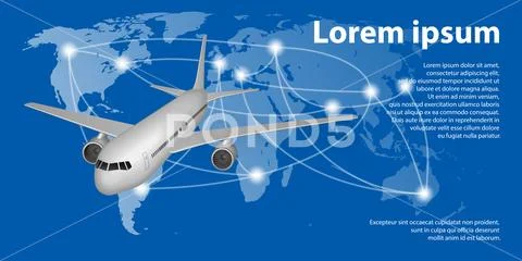 Flying airplane on World map with trace line. Travel airplane banner ...